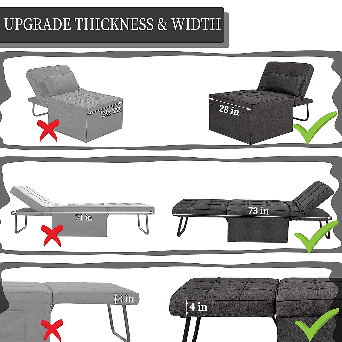 FHFO 4 in 1 Ottoman Bed Sleeper Chair Bed Folding Ottoman to Bed Chairs Breathable Linen Sofa Bed with Adjustable Backrest Pillow for Living Room Apartment Office, 28” Width, Dark Grey