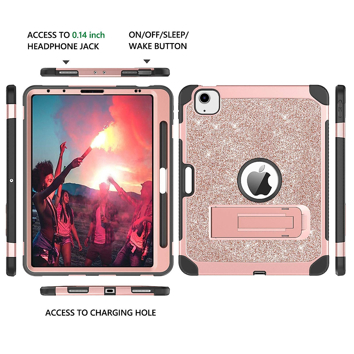 BENTOBEN iPad Air 5th Generation Case, iPad Air 4th Generation Case, Glitter Sparkly 3 Layers Shockproof Kickstand with Pencil Holder Protective Tablet Cover for iPad Air 2022/2020 10.9", Rose Gold