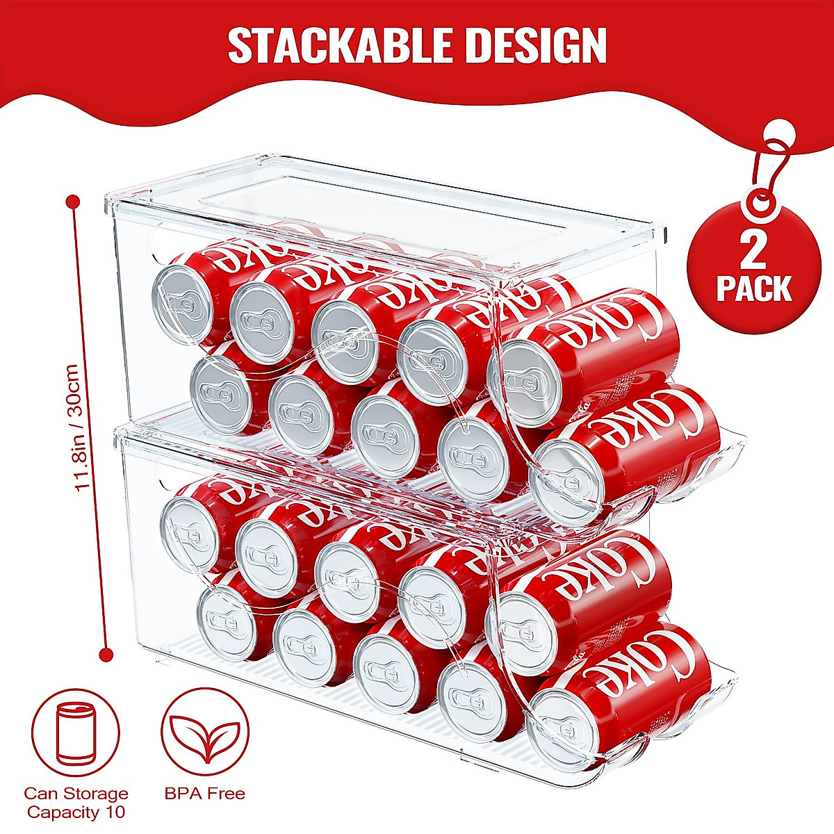 SCAVATA 2 Pack Stackable Refrigerator Organizer, Soda Can Dispenser Pop Cans Container Beverage Holder with Lid for Fridge, Freezer, Kitchen, Clear Plastic Storage Bins-Holds 10 Cans Each (Clear)