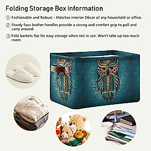 ALAZA Indian Owl Flower Ethnic Large Storage Basket with Handles Foldable Decorative 1 Pack Storage Bin Box for Organizing Living Room Shelves Office Closet Clothes