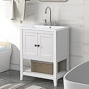 Lifeand, Integrated Combo with White Built-in Ceramic Top & Modern Base Cabinet Bathroom, 24" Vanities with Sink