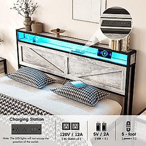 Vabches Full Size Bed Frame with Headboard and Charging Station, Wash Grey Platform Bed Frame with Led Light, No Box Spring Needed, Noise Free Farmhouse Bedroom Set