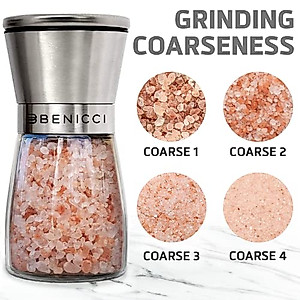 Beautiful Stainless Steel Salt and Pepper Grinder Set of 2 - Pepper Mill & Salt Mill with Adjustable Coarseness - Glass Spice & Salt Shakers - Easy Clean Ceramic Grinders w/a Spoon & Cleaning Brush