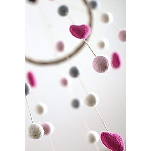 Felt Ball & Heart Nursery Ceiling Mobile- Hot Pink, Light Pink, Gray & White