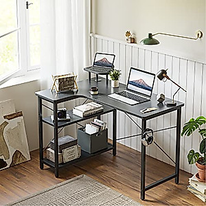 BANTI 43 Inch Corner Computer Desk with Left Storage Shelves, Small L Shaped Office Desk with Top Shelf, Study Writing Table, Black