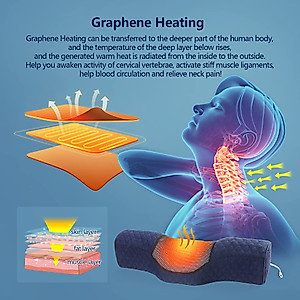 Neck Roll Pillows for Pain Relief Sleeping, Heated Memory Foam Cervical Neck Support Pillow for Bed with USB Graphene Heating for Stiff Neck Pain Relief (Dark Blue)