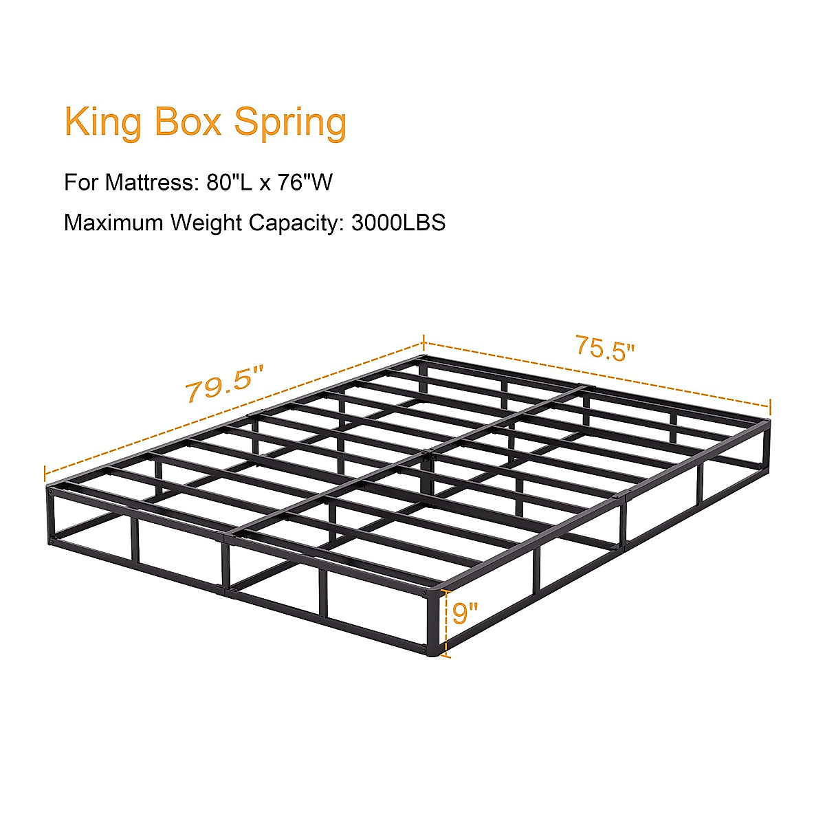 Bednowitz King Box Spring, 9 Inch High Profile Box-Spring with Fabric Bed Cover, Noise Free Sturdy Metal Frame, Heavy Duty Steel Structure Mattress Foundation, Easy Assembly