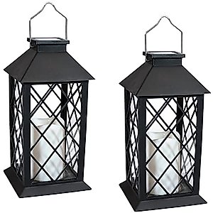 Sunnydaze Concord Outdoor Solar LED Decorative Candle Lantern - Rustic Farmhouse Decor for Patio, Porch, Deck and Garden - Tabletop and Hanging Outside Light - Set of 2 - 11-Inch - Black
