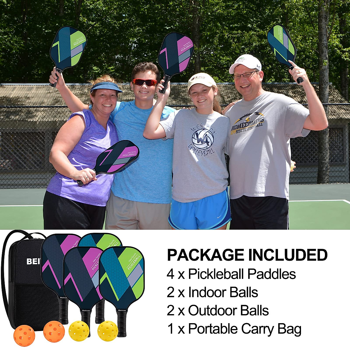 Pickleball Paddles, USAPA Standard Fiberglass Surface Pickleball Paddles Set of 2 or 4 Rackets, Pickleball Set with 4 Pickleball Balls &1 Pickleball Bag, Pickle Ball Paddle Set for Men, Women