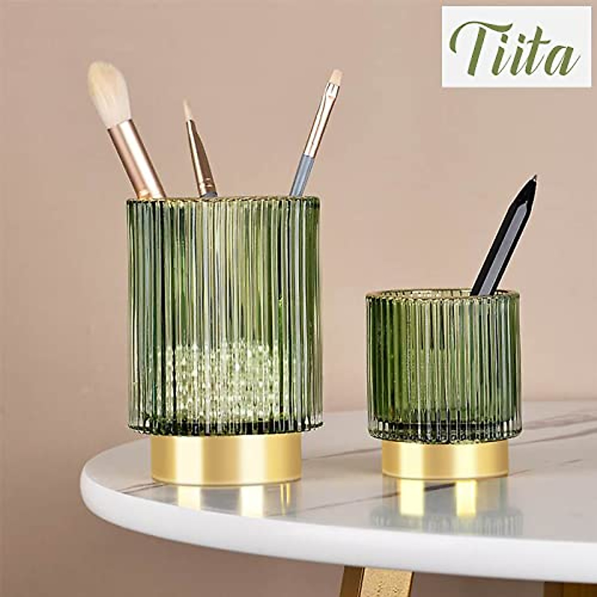 Tiita Glass Makeup Brush Holder Organizer - Crystal Clear Desktop Stationery Storage for Cosmetics, Vintage Style Makeup Brush Cup, Pen and Pencil Holder