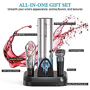 Electric Wine Opener with Charging Base, Moocoo Stainless Steel Automatic Electric Wine Bottle Corkscrew Opener Gift Set with 2-in-1 Aerator & Pourer, Foil Cutter, 2 Vacuum Stoppers, Rechargeable