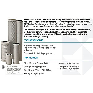 Pentair Pentek CBC-10 Carbon Water Filter, 10-Inch, Under Sink Carbon Block Replacement Cartridge with Bonded Powdered Activated Carbon (PAC) Filter, 10" x 2.5", 0.5 Micron