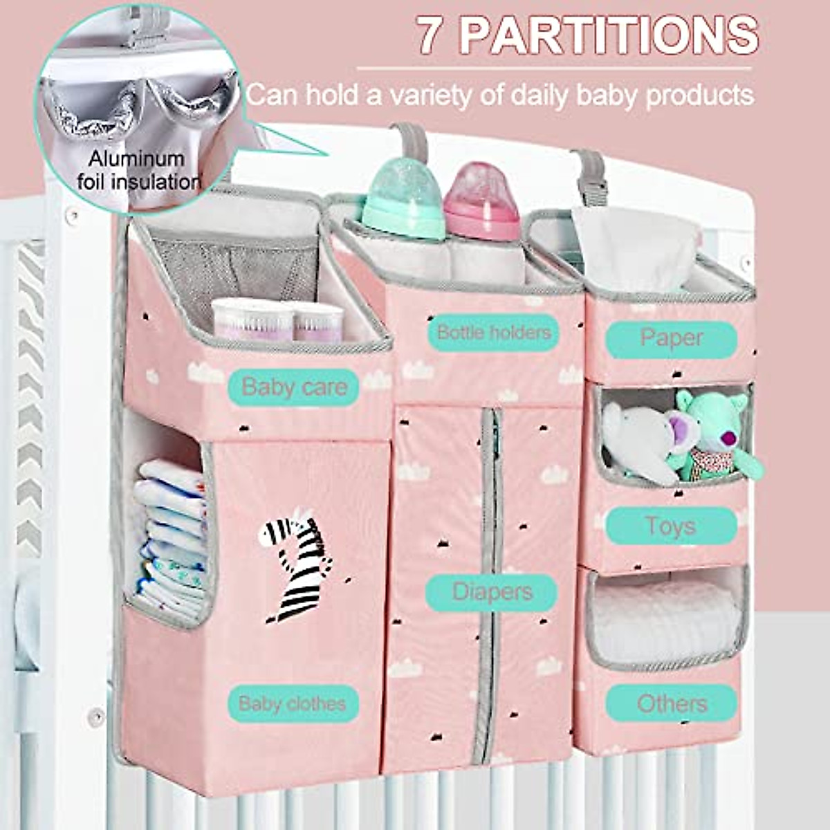 NGORAY Hanging Baby Diaper Caddy Organizers for Crib - 3-in-1 Diaper Stacker for Changing Table Nursery Organization Storage Holder for Baby Essentials Attachment Portable Combining Clothing (Pink)