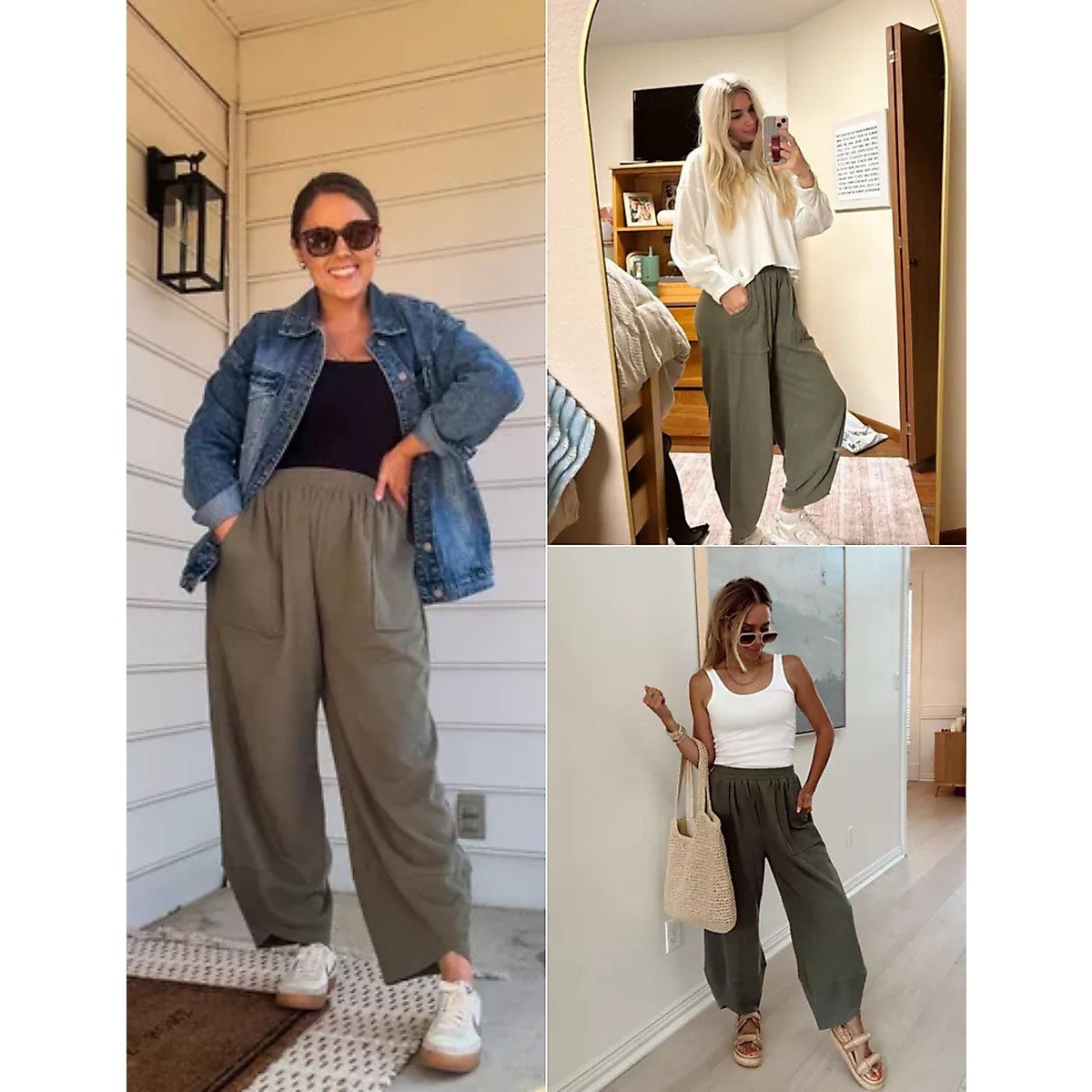 Xiaoxuemeng Womens Baggy Wide Leg Pants Casual Elastic Waisted Palazzo Harem Pants with Pockets (Green-M)