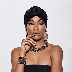 SATINIOR 3 Pieces African Turban for Women Knot Pre-Tied Bonnet Beanie Cap Headwrap (Black, Blue, Khaki)