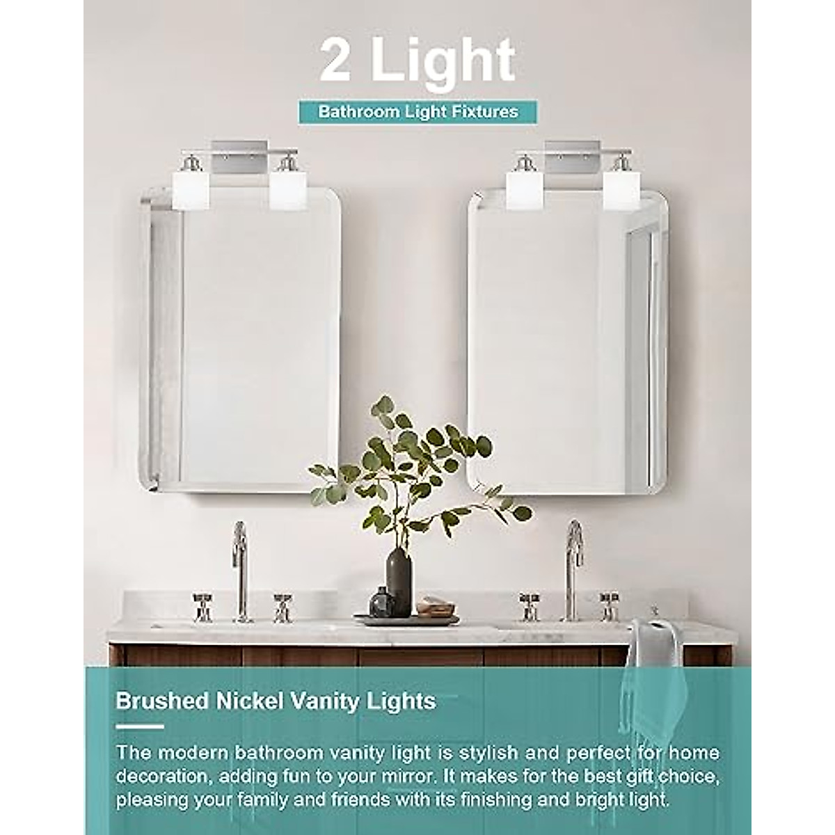 Sailstar 2-Light Bathroom Light Fixtures Over Mirror, Brushed Nickel Vanity Lights, Modern Bathroom Vanity Light, Glass Shade & Anti-Rust Nickel Finished, Bathroom Light for Small Space