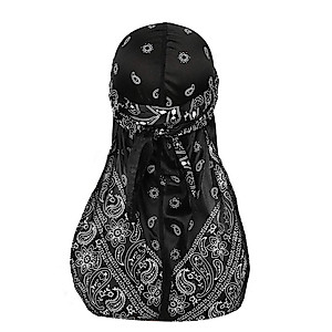 DINPREY Assorted Paisley Bandana Doo rag Cap Headwraps Men's Women's Silk Durag with Long Tail and Wide Straps for 360 Waves (Black,Navy bule,White)