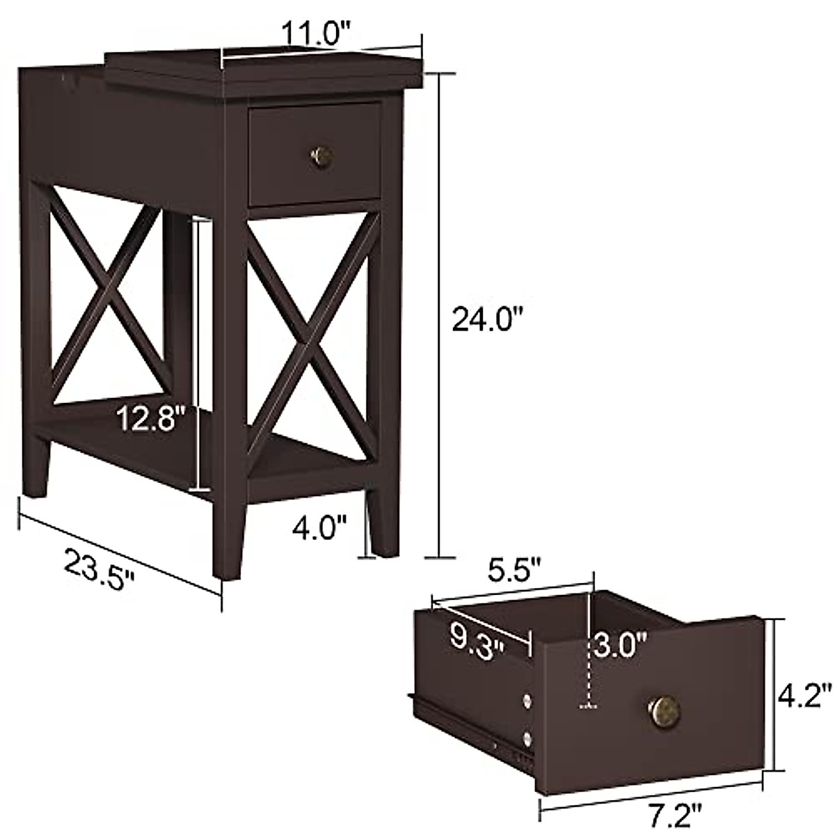 ChooChoo End Table, MDF Material Flip Top Narrow End Table with drawer, Accent Small Side Table Nightstand for Living Room, Bedroom, and Small Spaces - Espresso