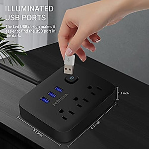 Power Strip with USB Ports, JcBlaon Outlet Extender with 3 USB and 3 Outlets, 5ft Flat Plug Extension Cord Desktop Charging Station, for Nightstand, Office Cruise Ship, Travel, Dorm Room, Black