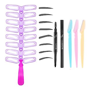 12 PCS Eyebrow Stencils - Eyebrows Shape Reusable with Eyebrow Razors and Pencil, Eye Brow Shaping Template Stamp Kit with Handle and Strap Washable DIY Makeup Tools