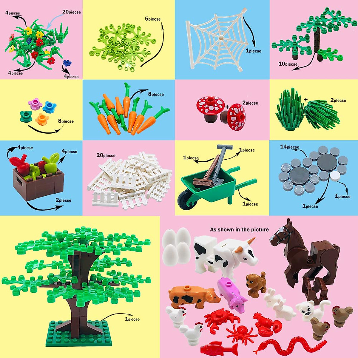 Farm Animals Building Blocks Toys Garden Park Trees and Flowers Classic Botanical Accessories Bricks for Boys Girls Kids Age 6+ Gifts（Include 1 Pcs 10" x 10" Base Plate