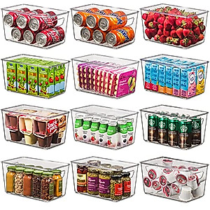 Set Of 12 Refrigerator Organizer Bins with Lids - Plastic Pantry Organization and Storage Baskets - Stackable Food Fridge Organizers with Cutout Handles for Freezer, Kitchen, Countertops, Cabinets