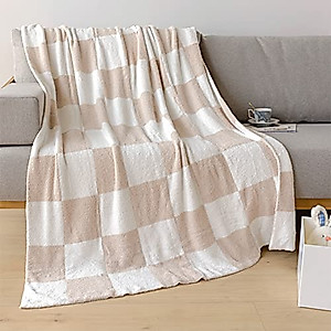 Ultra Soft Classic Checkerboard Chessboard Knitted Throw Blankets Lattice Fluffy Microfiber Lightweight Warm Cozy Bed Blankets Decor for Couch Sofa Bed (Beige, 51"X63")