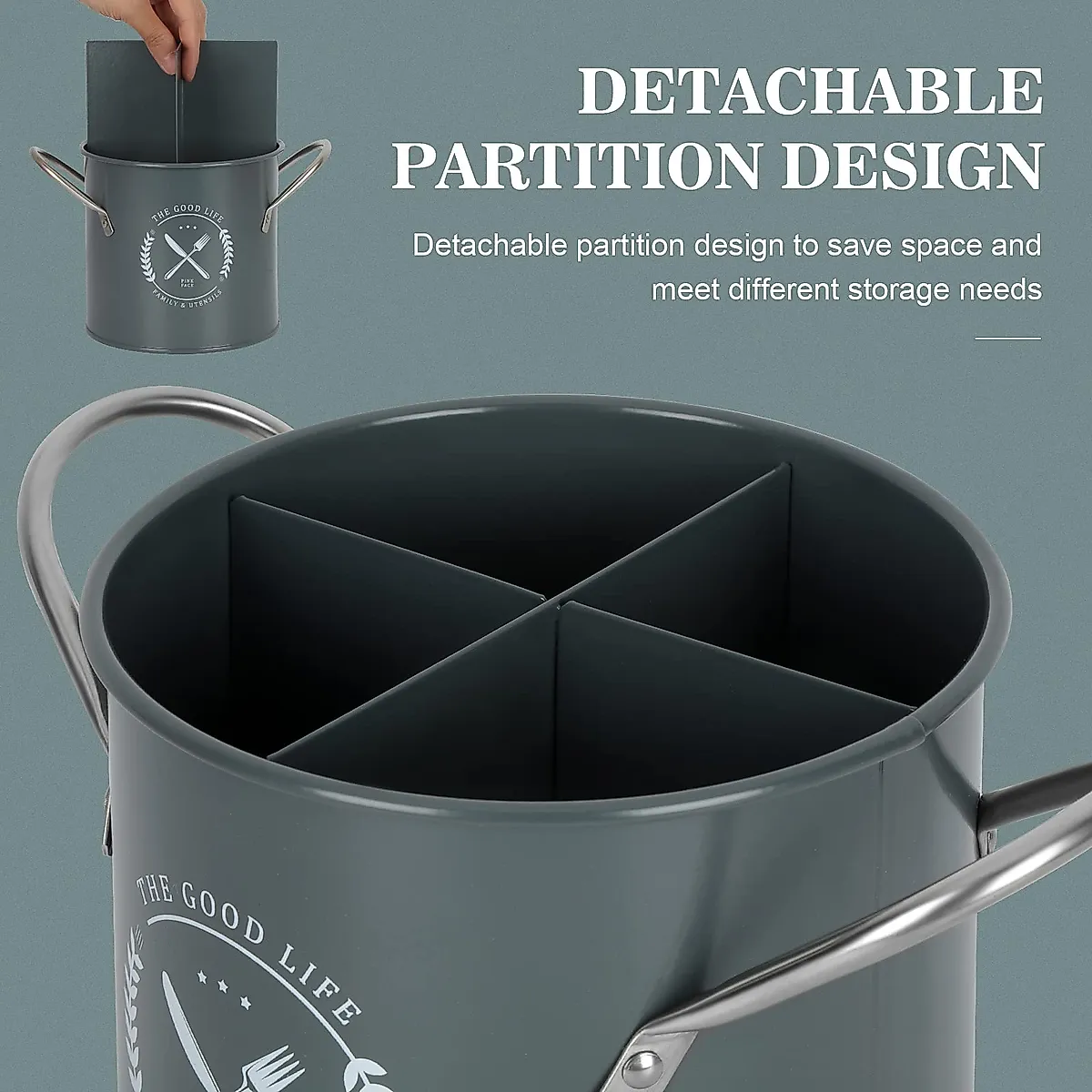 sugarchef Kitchen Utensil Holder Flatware Organizer for Forks Spoons Knives Cooking Tools,4 Compartment Cutlery Caddy Storage Bucket with Drain Hole (Gray)