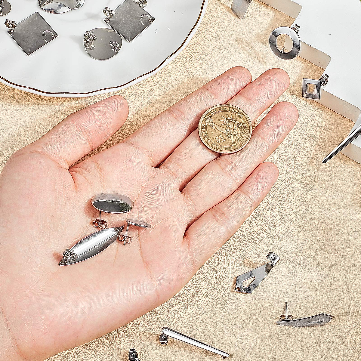 UNICRAFTALE 30pcs 15 Styles Stud Earring Findings 304 Stainless Steel Post Ear Stud Findings with Loop and Ear Nuts 0.7mm/0.8mm Pin Stud Earrings for Women Dangle Earring Making