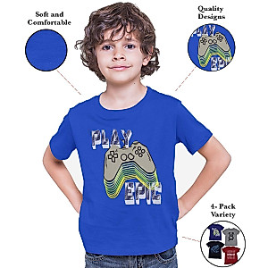 BROOKLYN VERTICAL Boys 4-Pack Short Sleeve Crew Neck T-Shirt with Chest Print | Gaming, Play, Video Gamer Prints for Sizes 6-20 Grey