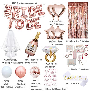 Bachelorette Party Decorations Rose Gold Bridal Shower Party Favors Kit Bride To Be Sash and Foil Balloons, Curtain, Veil, Photo Props, Temporary Tattoos, Latex Balloons