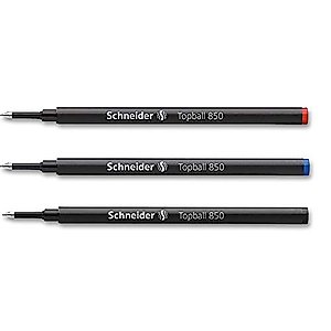 Schneider Topball 850, 0.5 mm Rollerball Refills - 3/pk, 1 each of Red, Black & Blue (Bulk Packed)