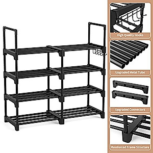 ROJASOP Shoe Rack Storage Organizer for Closet Entryway,16 Pairs 4-Tier Stackable Shoe Shelf for Hallway Bedroom Garage Dorm with Side Hooks Black Free standing Space Saving Shoe Tower