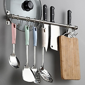 ASkinds Utensil Hanging Rack Stainless Steel Rail Hanger Rod Wall Mounted Pot Pan Lid Holder Cookware Storage Organizer with Sliding Hooks for Kitchen Bathroom
