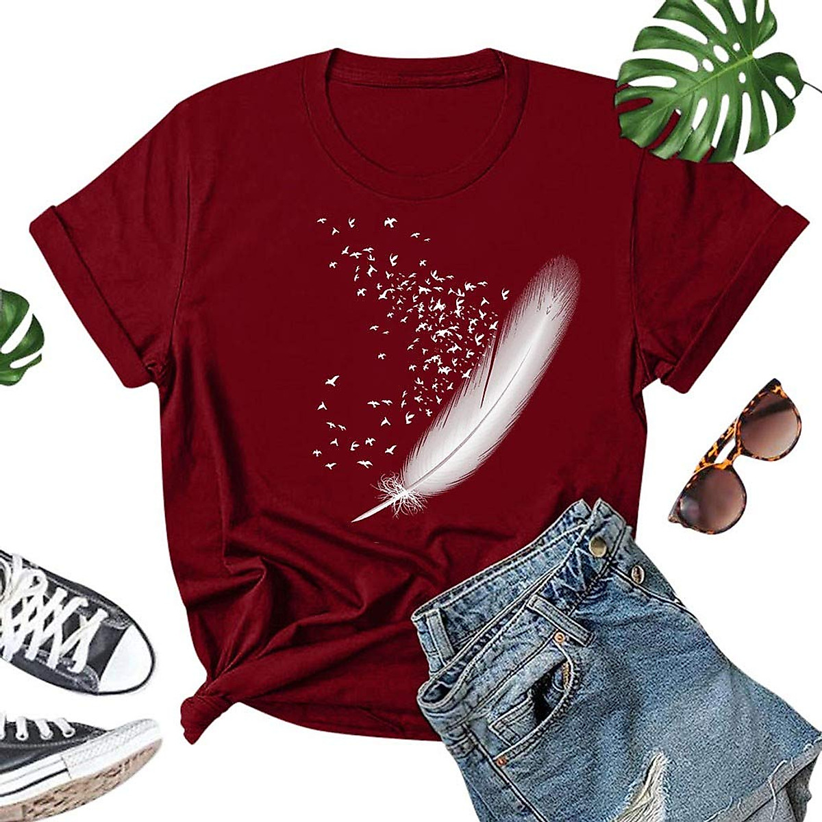 Aniywn Womens T-Shirt Summer Casual Printing Crewneck Short Sleeve Top Blouse Stylish Basic Tunic Tops Red