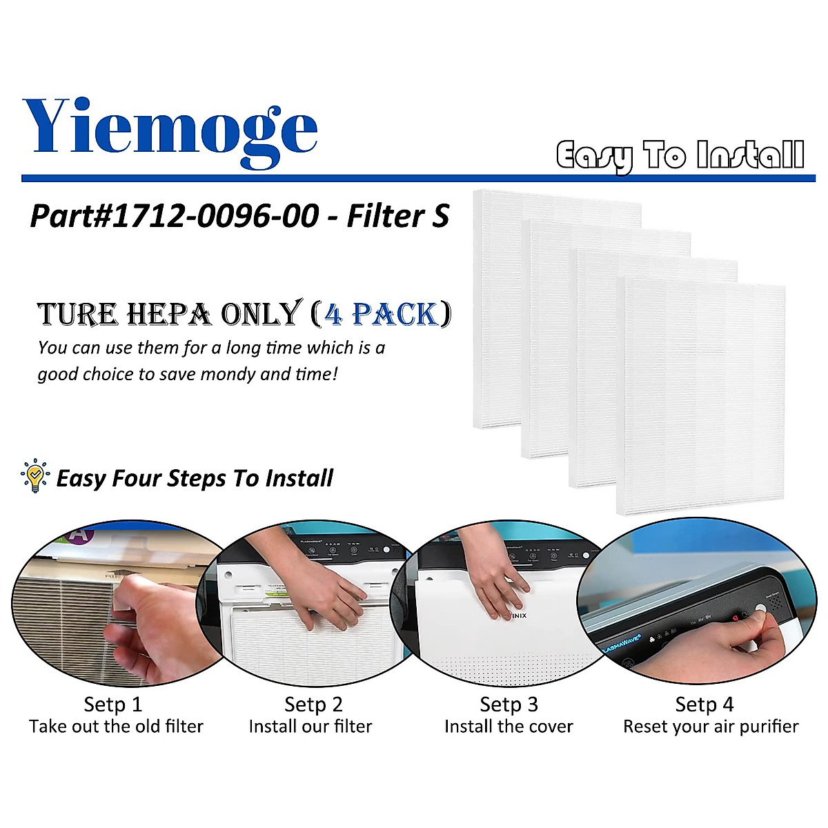 Yiemoge True HEPA Replacement Filter Compatible with Winix C545 Air Purifier, Winix Model C545 P150 B151 113050 Filter S, Part Number 1712-0096-00 (4 HEPA Filters)