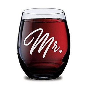 GSM Brands Mr and Mrs Stemless Wine Glasses for Bride and Groom Wedding Celebration (Set of 2), Made of Unbreakable Tritan Plastic and Dishwasher Safe - 16 Ounces