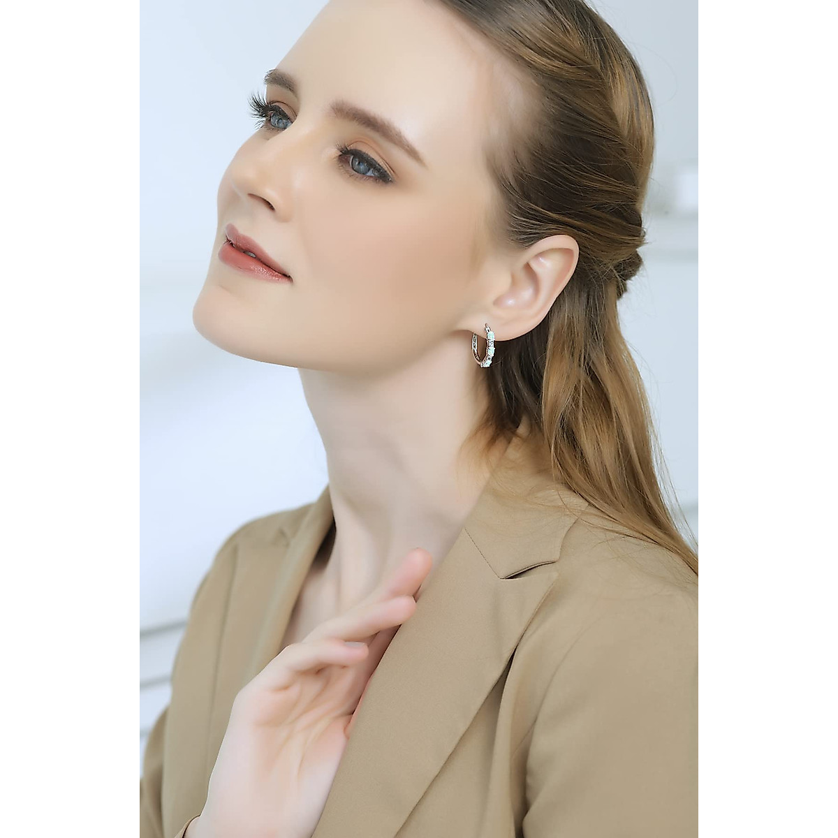 Opal Earrings for Women Sterling Silver Hoops Princess-cut White Topaz & Oval Synthetic White Hoop Earring for Bridesmaids Fashion Trendy