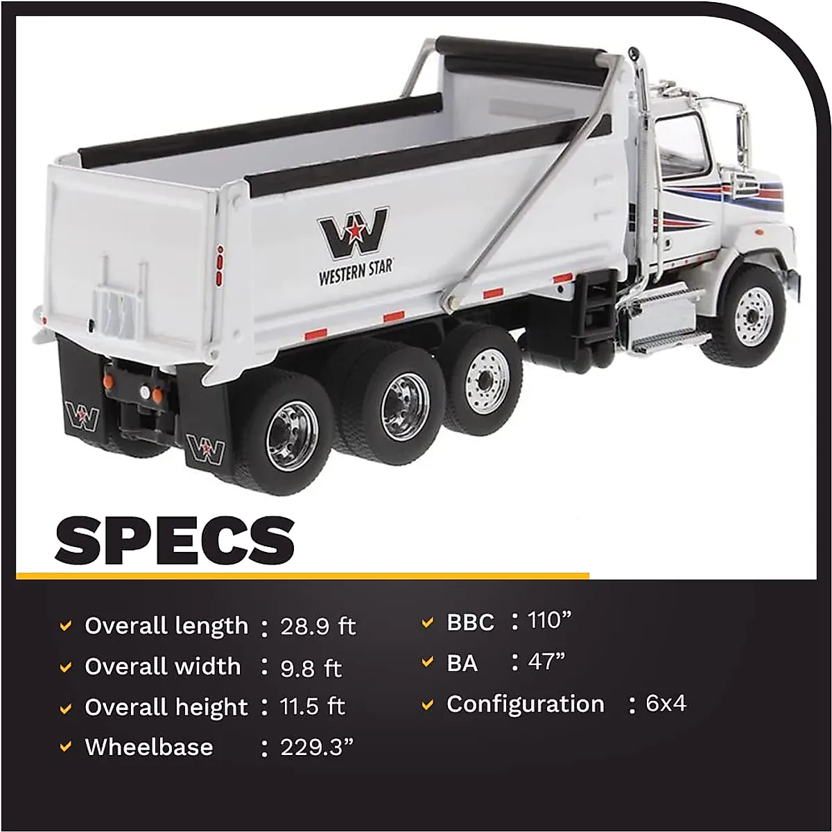 Diecast Masters Western Star 4700 SB Dump Truck - White | Real Truck Specifications, Tandem with Lift Axle and Dump | 1:50 Scale Model Semi Trucks | Diecast Model 71034