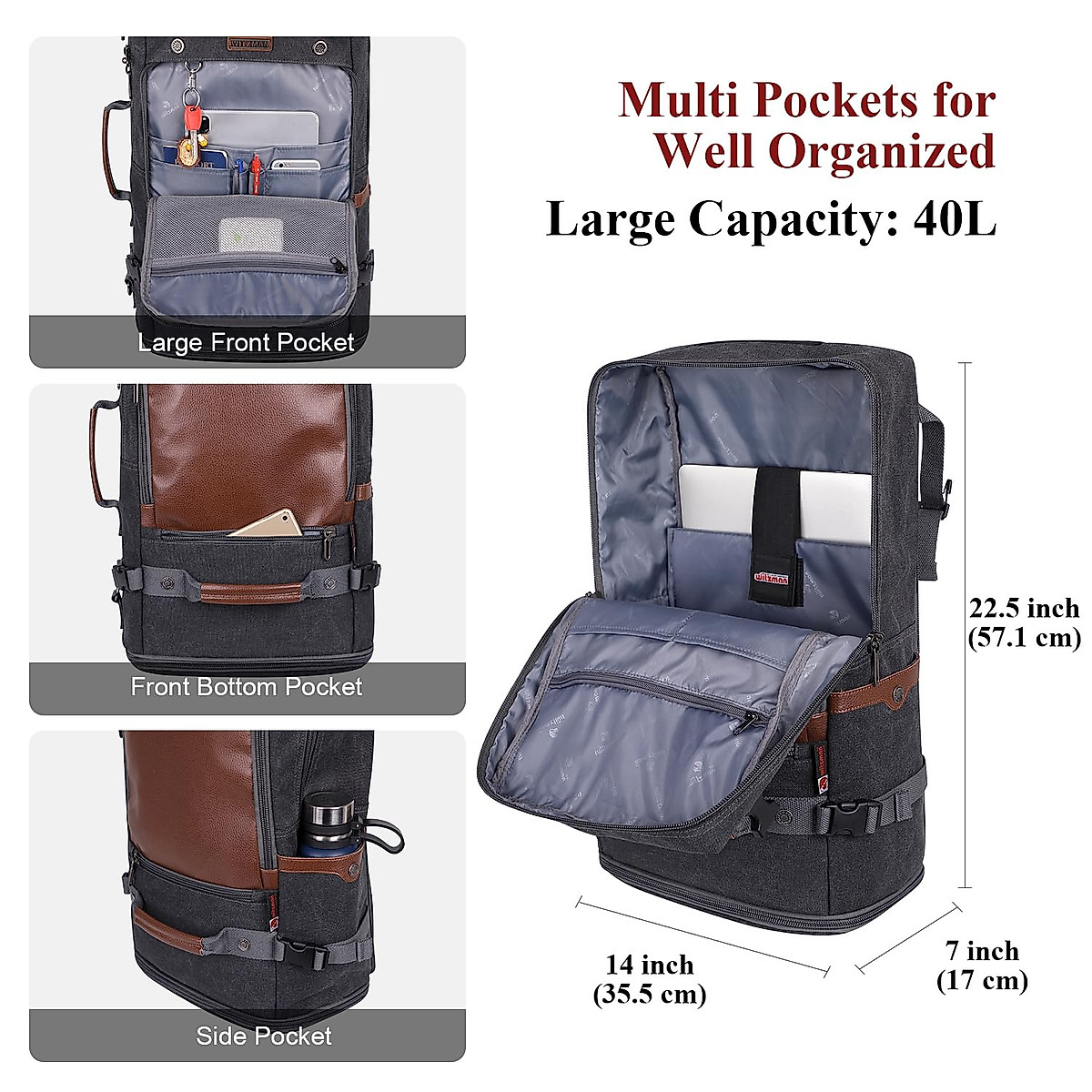 WITZMAN Travel Backpack for Men Women Carry on Luggage Backpack Canvas Rucksack Duffel bag with Shoe Compartment (A2021 Black)