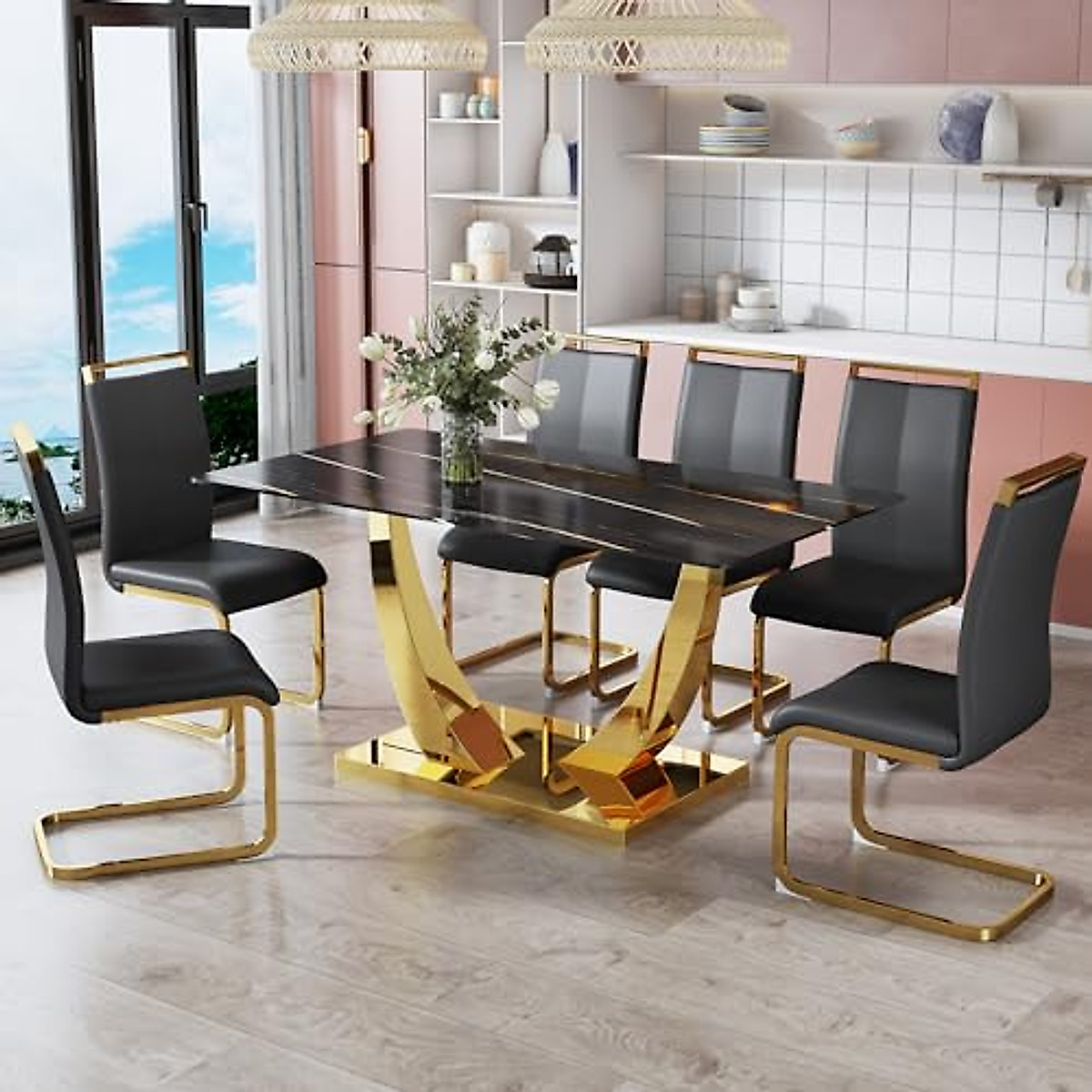 Maotifeys Luxury Black Faux Marble Dining Table Set for 6, Modern Kitchen Table with 6 Black Leather Dining Chairs 7-Piece Dining Table and Chairs for 6 with Polished Gold Metal Legs