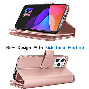 Tekcoo Wallet Case Compatible with iPhone 13 (6.1 inch) 2021 Luxury ID Cash Credit Card Slots Holder Carrying Pouch Folio Flip PU Leather Cover [Detachable Magnetic Hard Case] with Strap [Rose Gold]