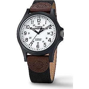 Timex Men's Expedition Acadia 40mm Watch – Black Case Black Dial with Black & Brown Leather & Fabric Strap