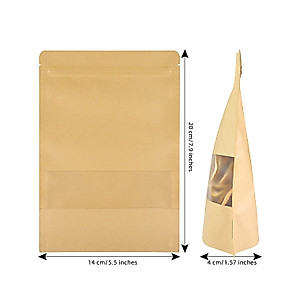 100 Pcs Kraft Stand Up Pouches - 5.5 x 7.9 Inch Resealable Zip Lock Food Storage Bags with Matte Window for Packaging