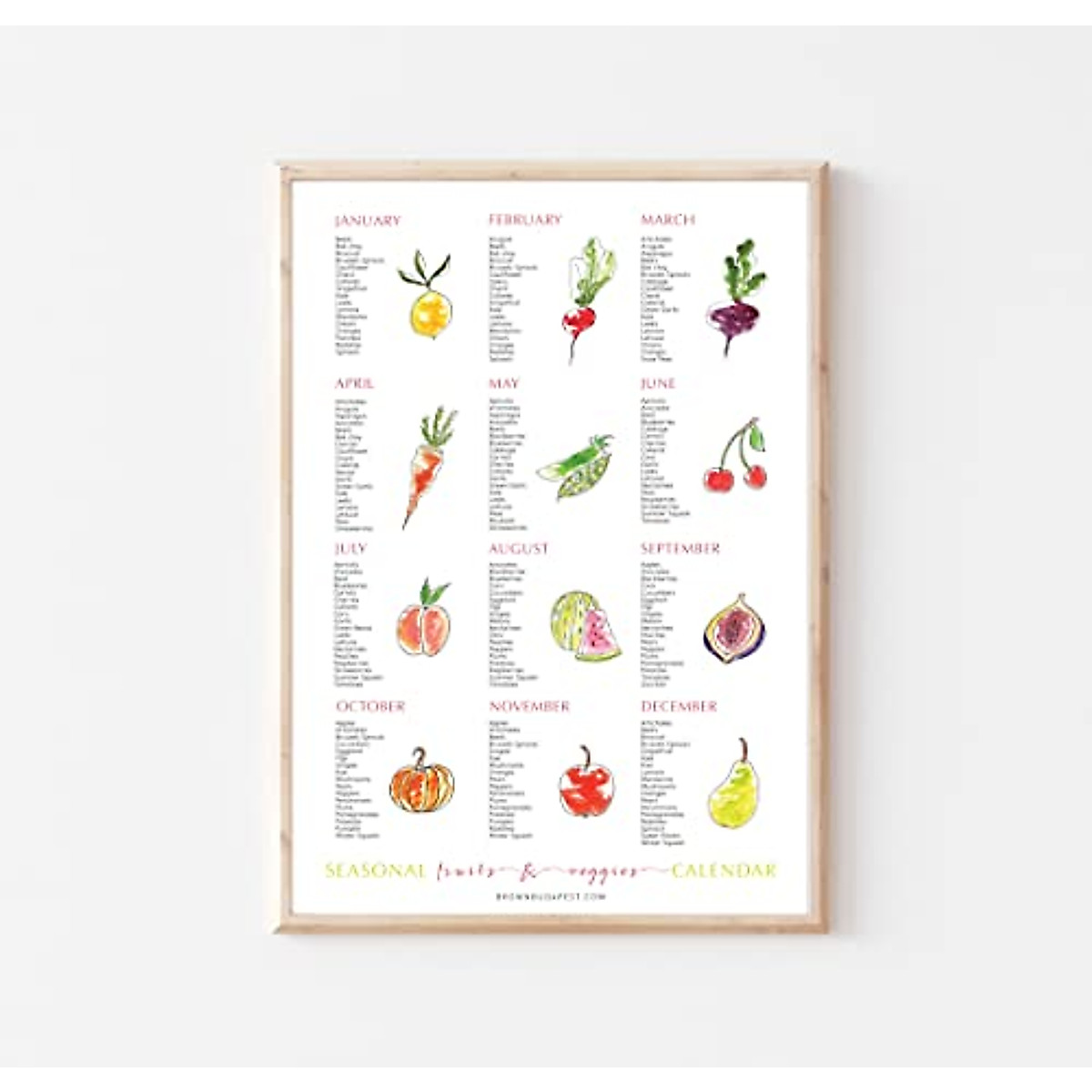 Seasonal Fruit and Vegetable Calendar print of original watercolor art - 12"x18" - unframed - Kitchen Decor, Dining Room Wall Art, Health Poster for Classroom