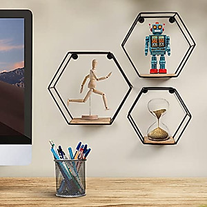 Greenco Geometric Hexagon Shaped Floating Shelves, Honeycomb Shelves, Home Decor, Metal Wire and Rustic Wood Wall Storage Shelves for Bedroom, Living Room, Bathroom, Kitchen and Office – Set of 3