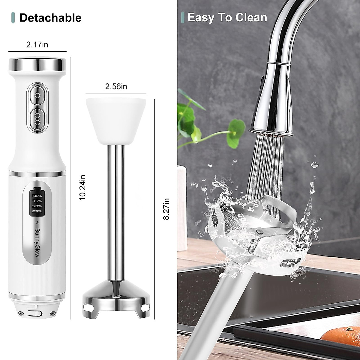 SunnyGlow Cordless Hand Blender: Rechargeable Cordless Immersion Blender Handheld, Powerful Detachable Easy Control Grip Stick Mixer Milkshakes | Smoothies | Soup| Puree | Baby Food