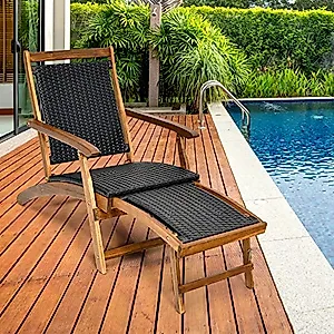 Tangkula Set of 2 Acacia Wood Folding Chaise Lounge Chair, Patiojoy Outdoor Foldable Deck Chair, Portable Wicker Lounger with Retractable Footrest, Ideal for Garden, Poolside, Courtyard