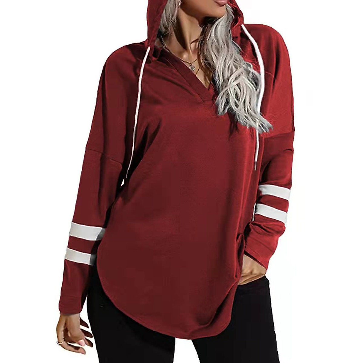 Plus Size Pullover Sweatshirts Women Loose Fit Batwing Top Fleece Hoodies Red 1X
