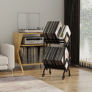 GiftGo Mobile 2 Tier Vinyl Record Storage Holder Black Metal Display Stand with Casters Easy to Move LP storage Book Album Storage Magazine Office Files Organizer Shelf